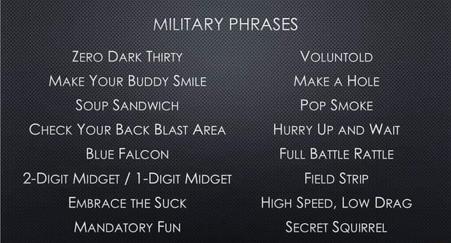 MILITARY PHRASES ZERO DARK THIRTY VOLUNTOLD MAKE YOUR BUDDY SMILE MAKE ...