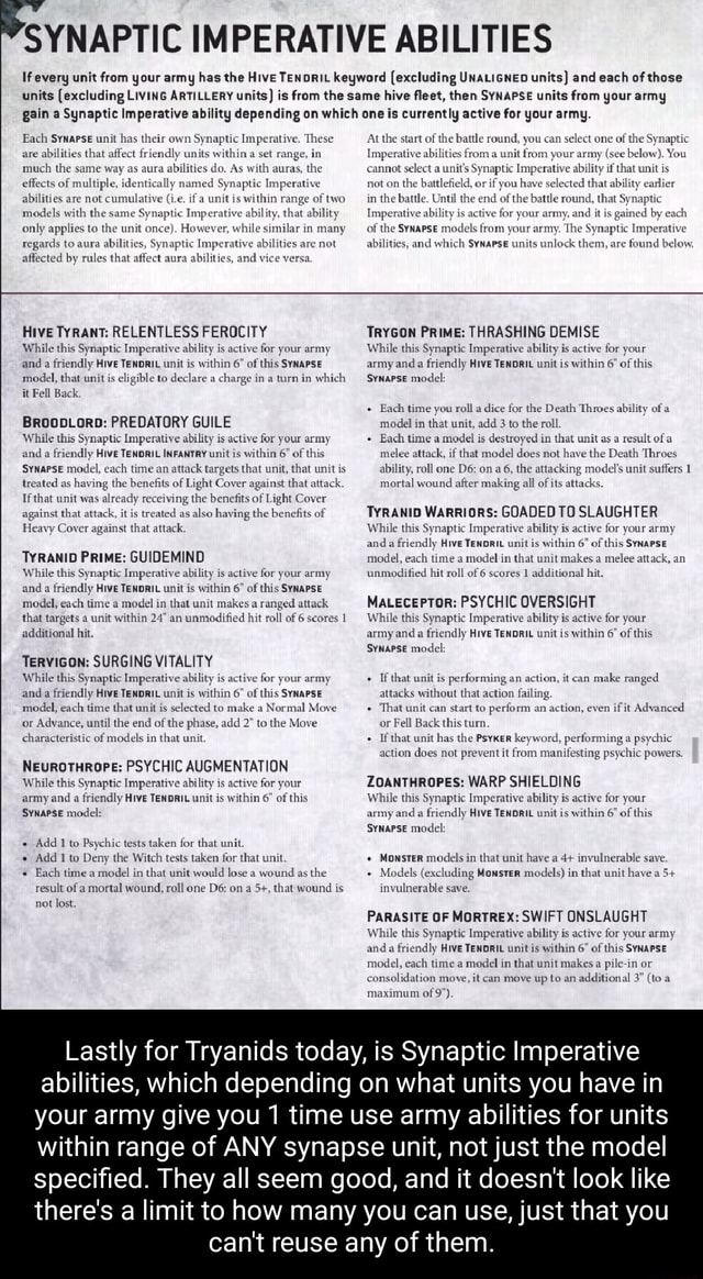 SYNAPTIC IMPERATIVE ABILITIES If every unit from your army has the Hive ...
