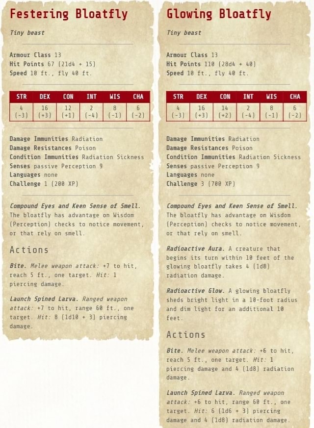 Festering Bloatfly Tiny beast Armour Class 13 Hit Points 67 (21d4 Speed ...