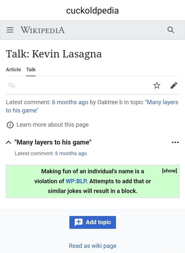 Cuckoldpedia = WIKIPEDIA Talk: Kevin Lasagna Article Talk w OF Latest ...