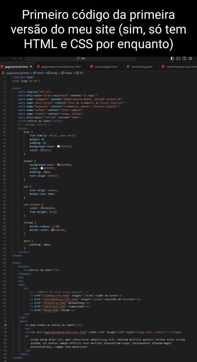 Primeiro Código Da Primeira Versão Do Meu Site Sim Só Tem Html E Css Por Enquanto Site 