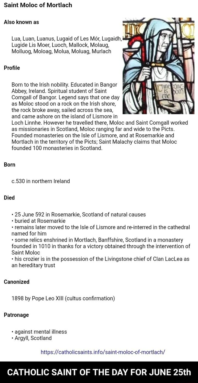 Saint Moloc of Mortlach Also known as Lua, Luan, Luanus, Lugaid of Les ...