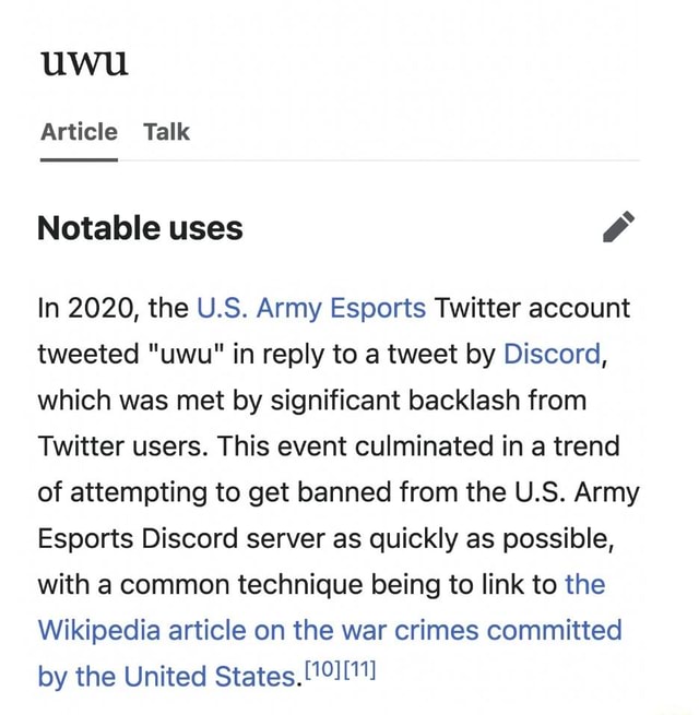 Uwu Article Talk Notable uses In 2020, the U.S. Army Esports Twitter ...