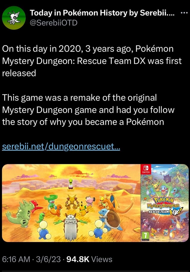 Today in Pokemon History by Serebii.... On this day in 2020, 3 years ago, Pokemon Mystery ...
