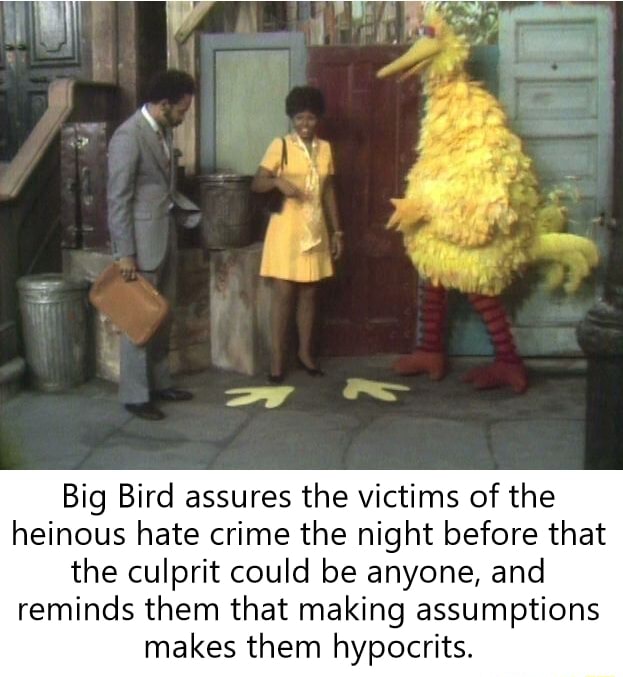Big Bird assures the victims of the heinous hate crime the night before ...