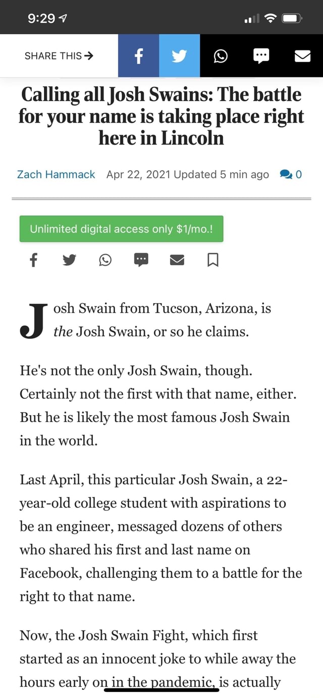 SHARE THIS > Calling all Josh Swains: The battle for your name is ...