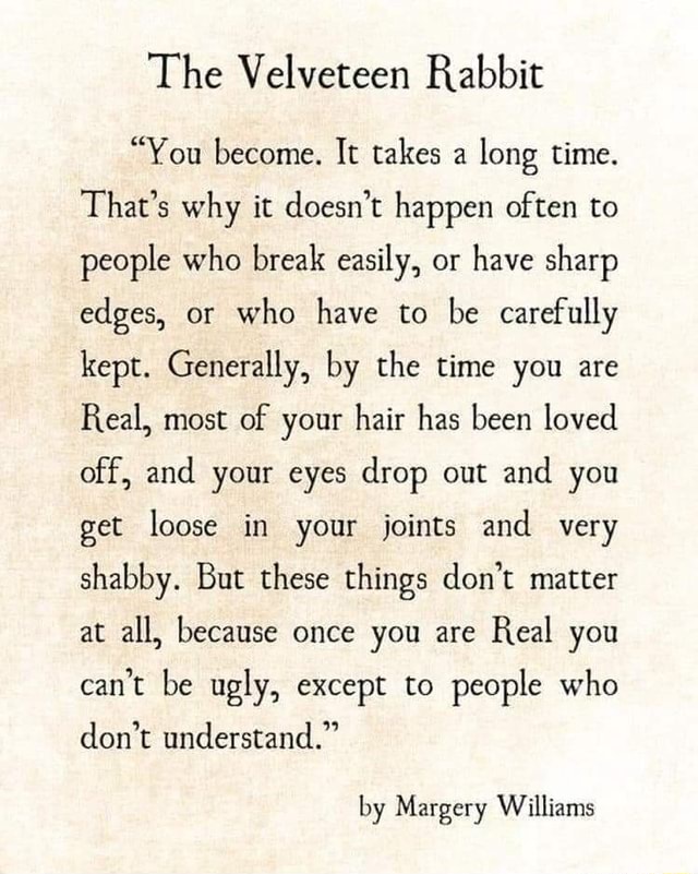 The Velveteen Rabbit "You become. It takes a long time. That's why it ...