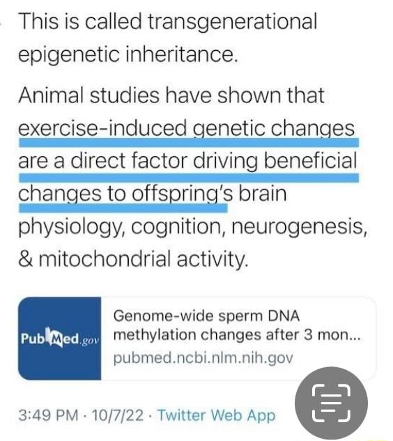 This is called transgenerational epigenetic inheritance. Animal studies have shown that exercise ...