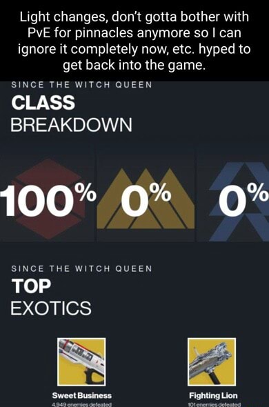 Light changes, don't gotta bother with PvE for pinnacles anymore so I can ignore it completely ...