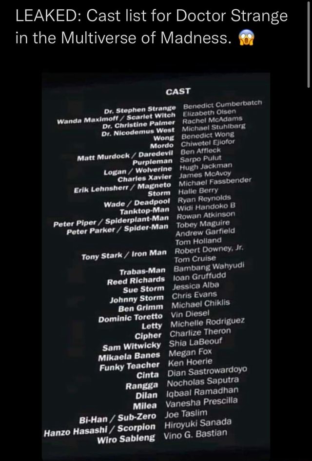 LEAKED: Cast list for Doctor Strange in the Multiverse of Madness. oe ...