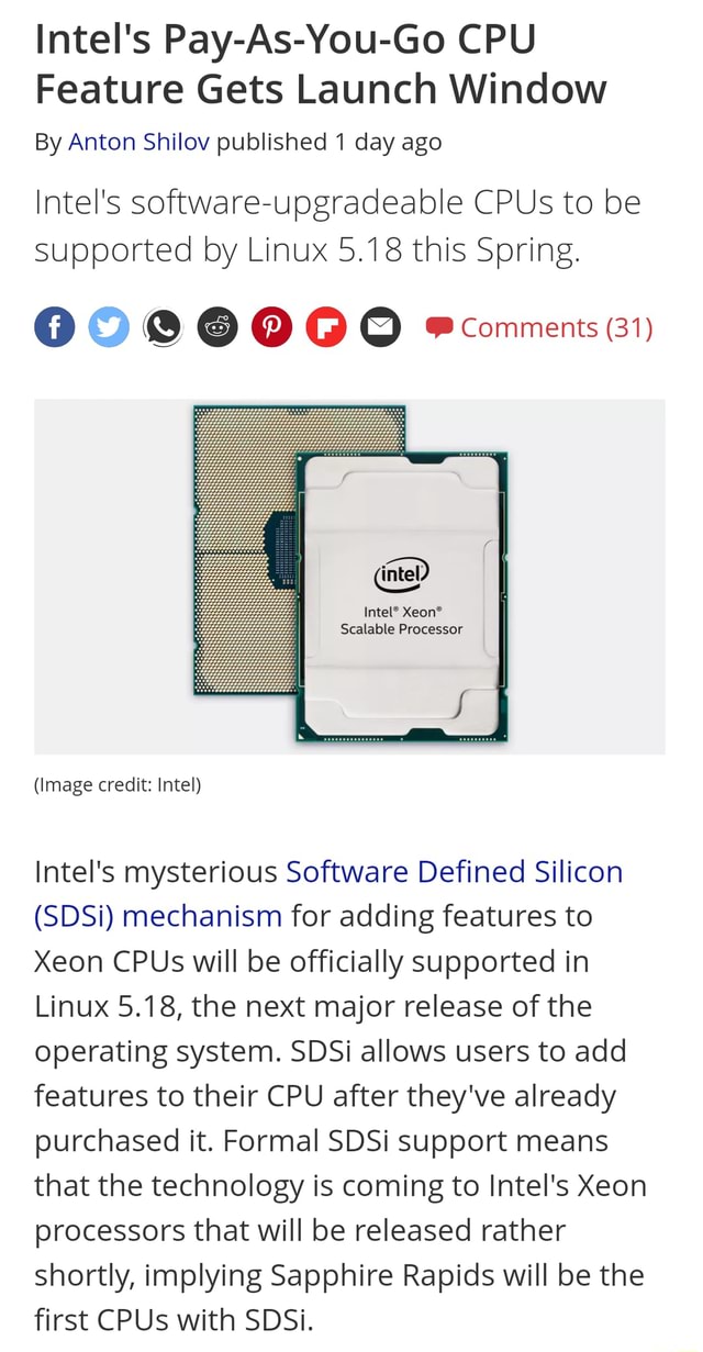 Intel's Pay-As-You-Go CPU Feature Gets Launch Window By Anton Shilov published 1 day ago Intel's ...