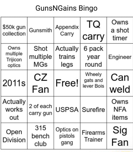 GunsNGains Bingo Appendix TQ Owns gun Gunsmith a shot llecti Camry I ...