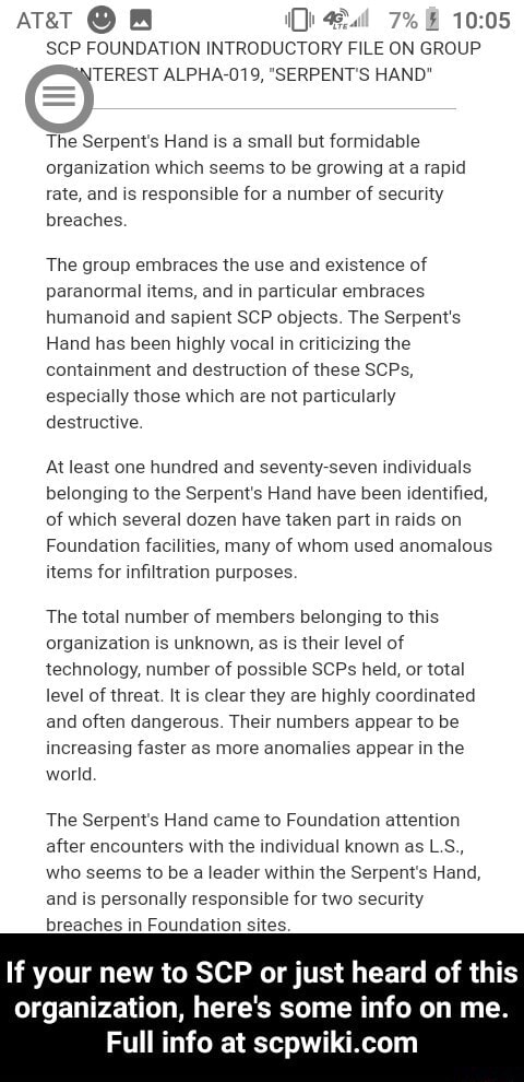Arer SCP FOUNDATION INTRODUCTORY FILE ON GROUP ST ALPHA-019, "SERPENT'S ...