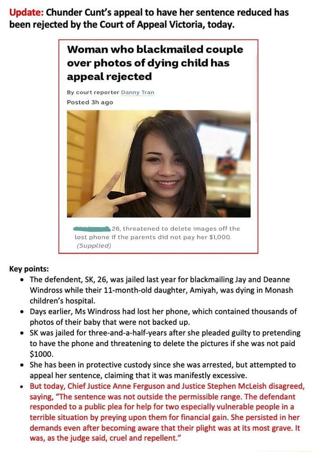 Update: Chunder Cunt's appeal to have her sentence reduced has been ...