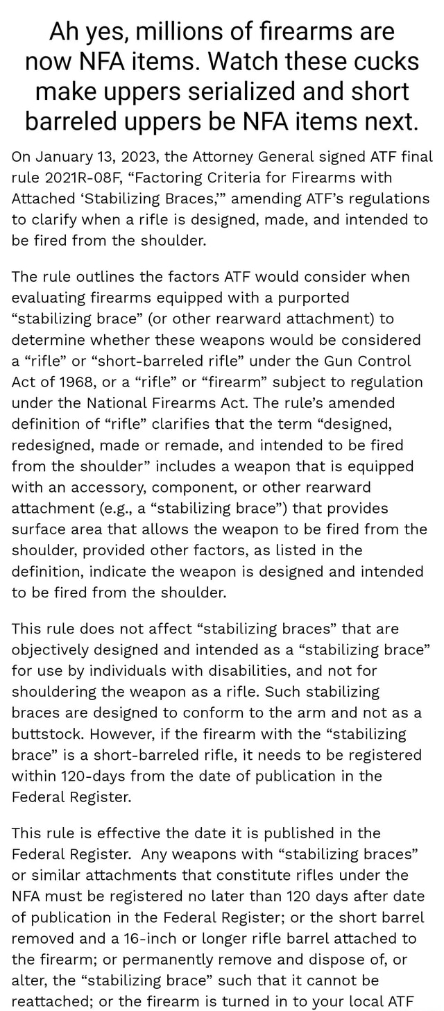 Ah yes, millions of firearms are now NFA items. Watch these cucks make ...