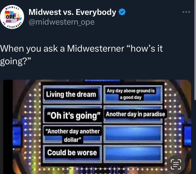 Midwest vs. Everybody When you ask a Midwesterner "how's it going?" Any ...
