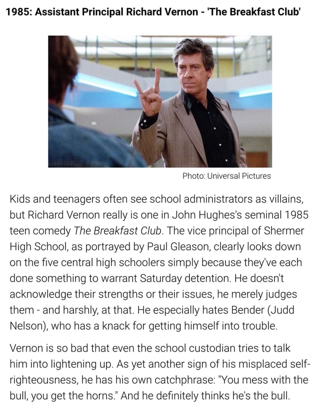 1985: Assistant Principal Richard Vernon 'The Breakfast Club' Photo ...