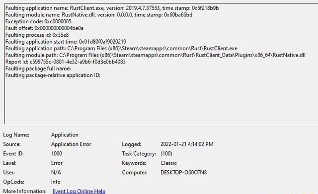 Faulting Application Name Rustclient Exe Version 2019 4 7 37553 Time Stamp Faulting Module