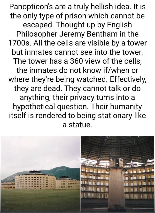 Panopticon's are a truly hellish idea. It is the only type of prison which cannot be escaped ...