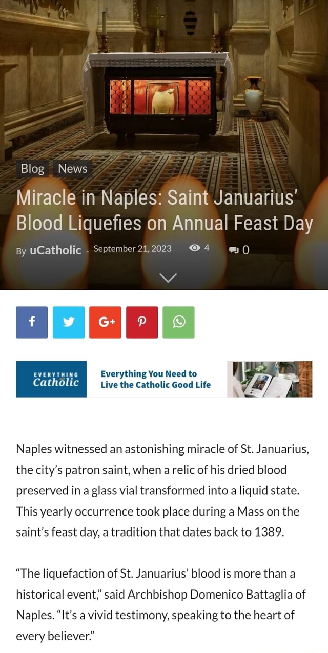 Blog News Miracle in Naples: Saint Januarius' Blood Liquefies on Annual ...