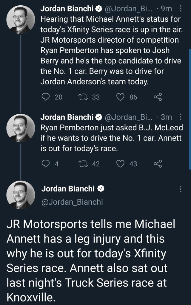 Jordan Bianchi @ @Jordan_Bi... Hearing that Michael Annett's status for ...