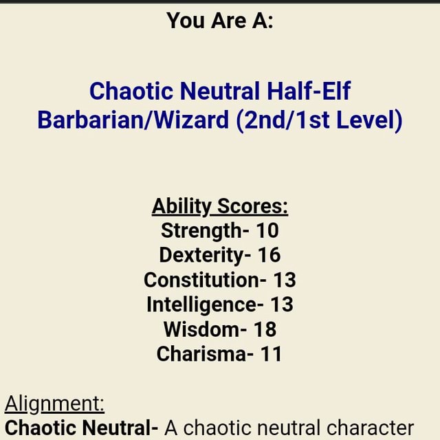 You Are A: Chaotic Neutral Half-Elf Level) Ability Scores: Strength- 10 ...