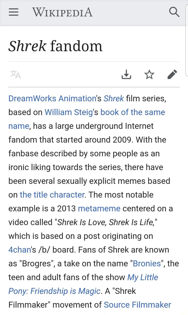TIL the Shrek fandom has it's own Wikipedia page - = WIKIPEDIA Q Shrek ...