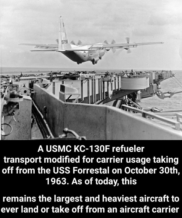 A USMC KC-130F refueler transport modified for carrier usage taking off ...
