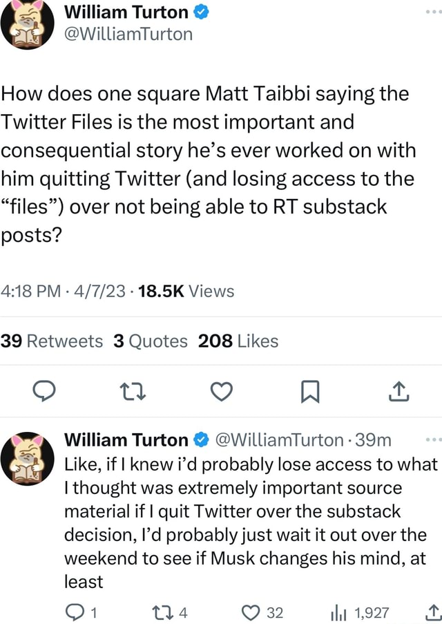 How does one square Matt Taibbi saying the Twitter Files is the most important and consequential ...