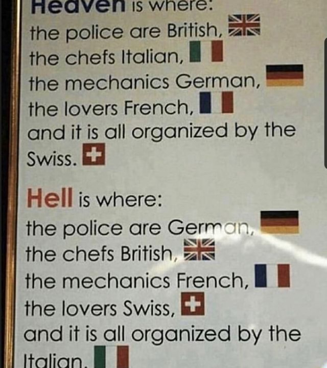 The police are British, E the chefs Italian, the mechanics German, the ...