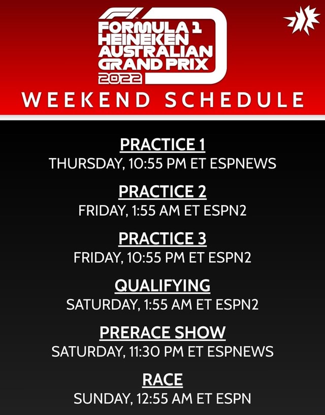 FORMULA 1 HEINEKEN AUSTRALIAN GRAND PRIX WEEKEND SCHEDULE PRACTICE 1 ...