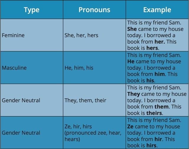 Feminine Type Pronouns Example She, her, hers This is my friend Sam ...