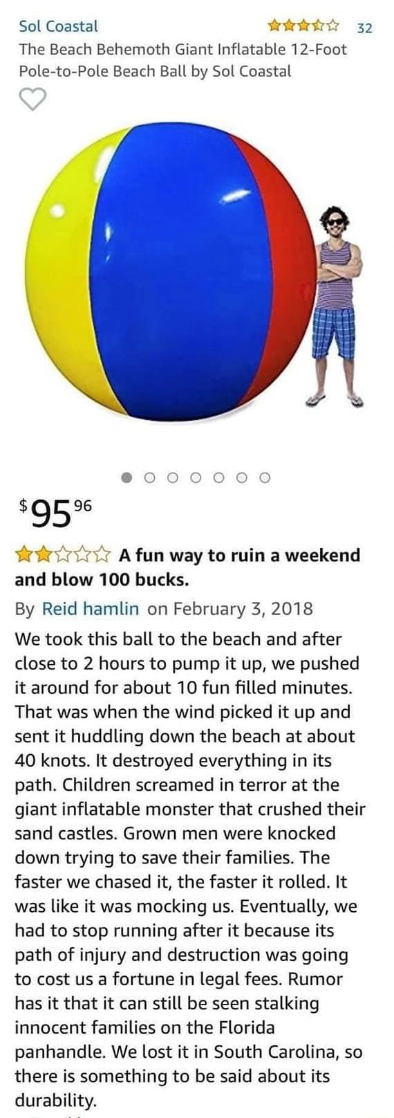 Sol Coastal 32 The Beach Behemoth Giant Inflatable 12-Foot Pole-to-Pole ...