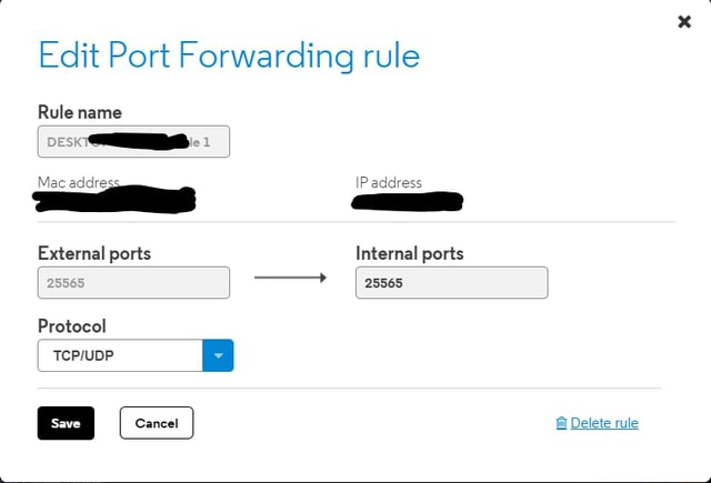 Edit Port Forwarding Rule Rule Name I Desk I Mac P Address External Ports Internal Ports 25565