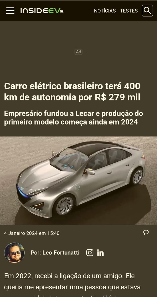 INSIDEEVs NOTÍCIAS TESTES Ad Carro elétrico brasileiro terá 400 km de ...