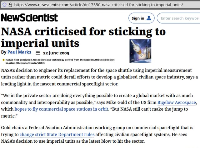 O B& NewScientist (sionin ( NASA criticised for sticking to imperial units By Paul Marks 4 22 ...