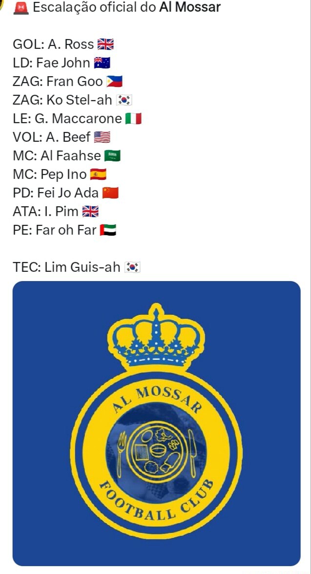 IB Escalação oficial do Al Mossar GOL: A. Ross LD: Fae John ZAG: Fran ...