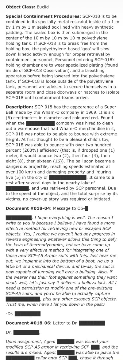 Object Class: Euclid Special Containment Procedures: SCP-018 is to be ...
