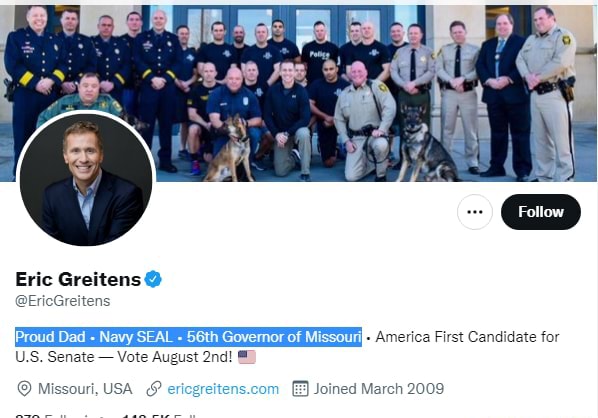Eric Greitens@ @EricGreitens Proud Dad - Navy SEAL - 56th Govemnor of ...
