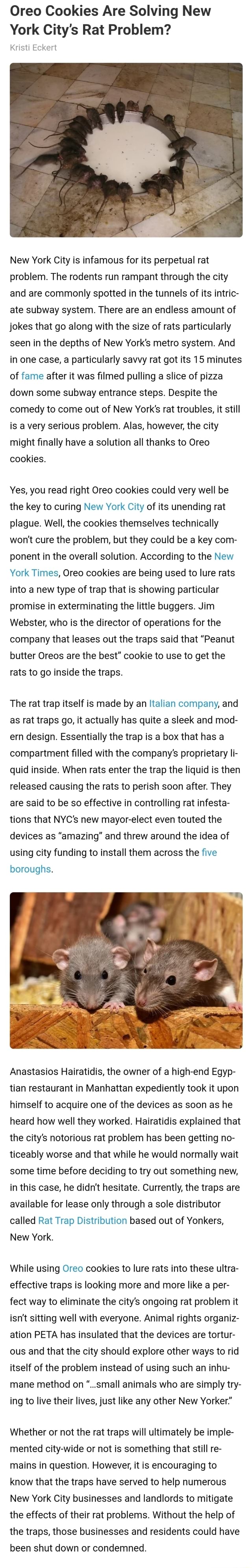 Oreo Cookies Are Solving New York City's Rat Problem? Kristi Eckert New ...