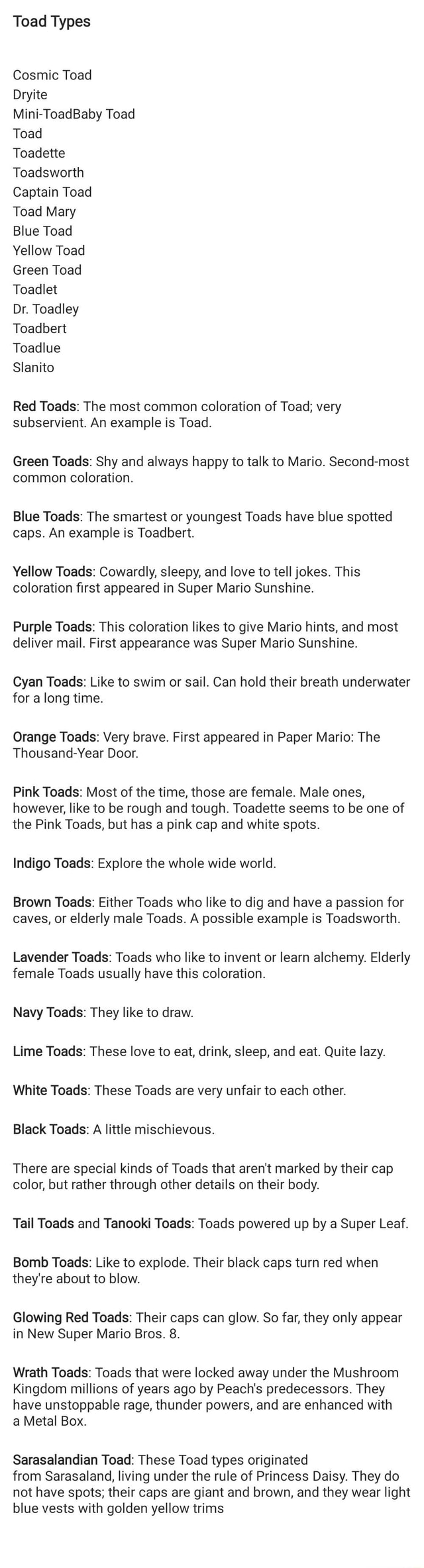 Toad Types Cosmic Toad Dryite Mini-ToadBaby Toad Toad Toadette ...