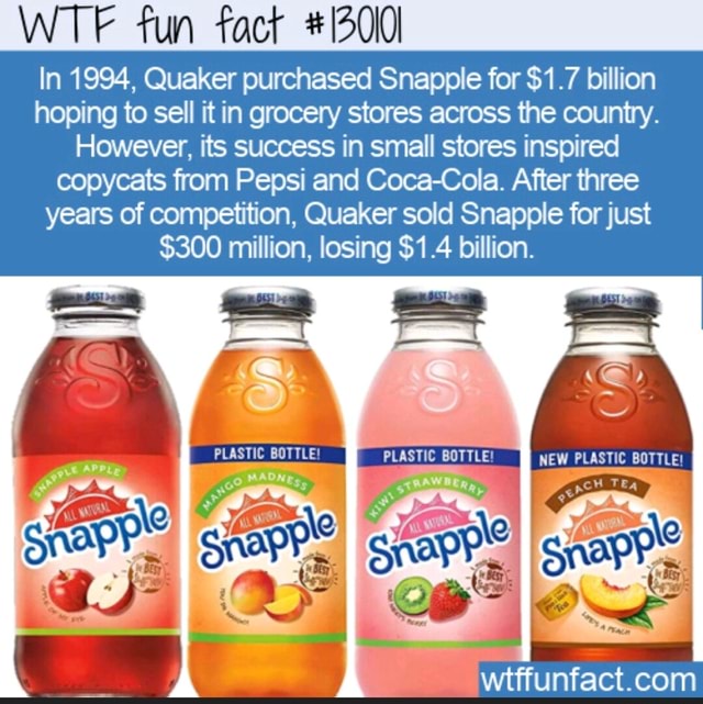 WTF fun fact In 1994, Quaker purchased Snapple for $1.7 billion hoping ...