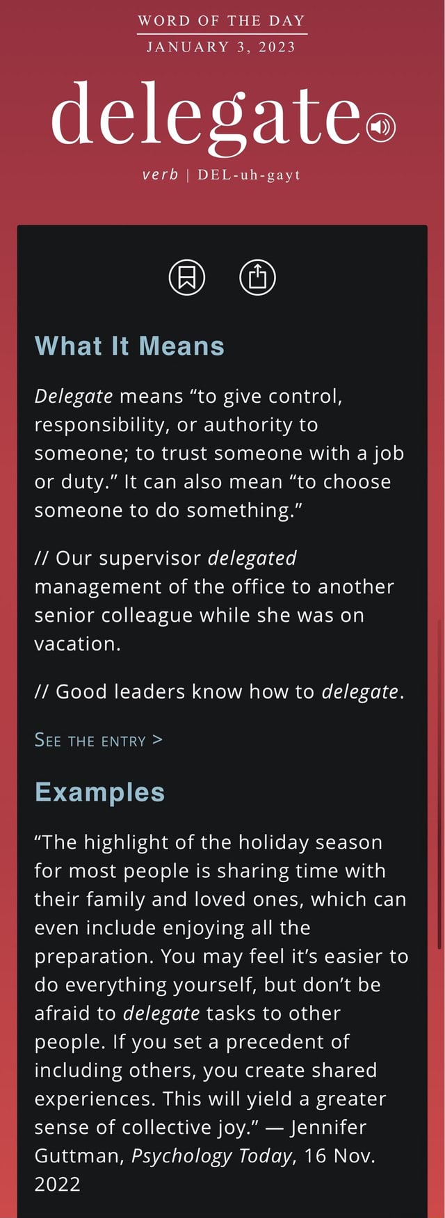 WORD OF THE DAY JANUARY 3, 2023 delegates verb I DEL-uh-gayt What It ...