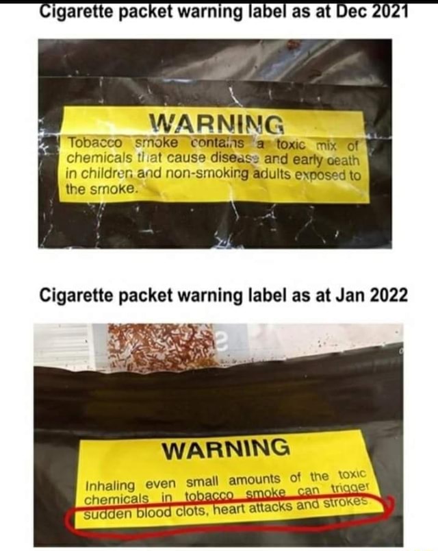 Cigarette packet warning label as at Dec 2021 WARNING Tobacco smoke AS ...