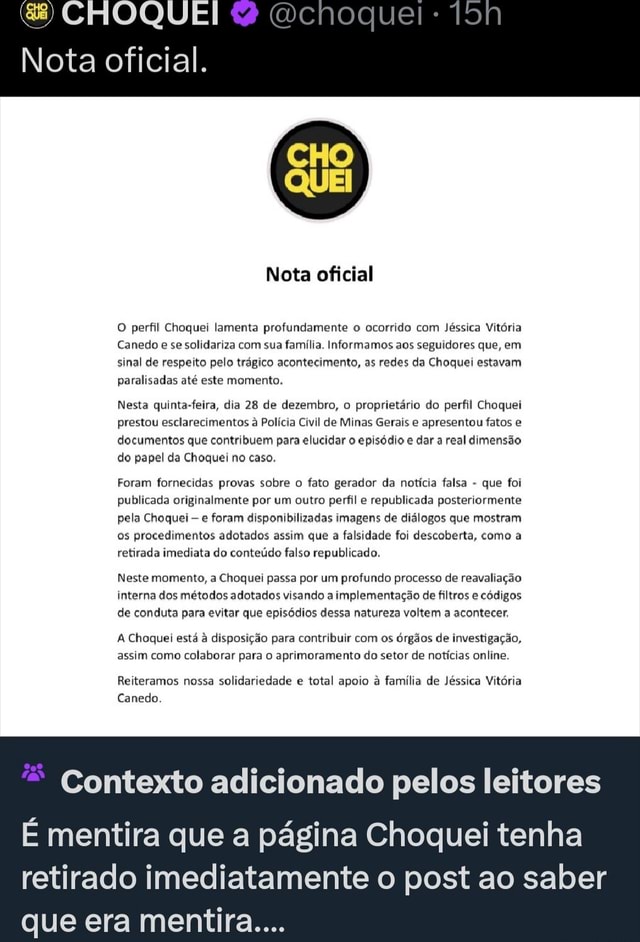 CHOQUEI Nota oficial. QUEI Nota oficial O perfil Choquei lamenta ...