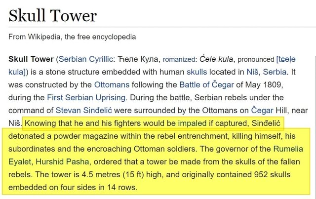 Skull Tower From Wikipedia, the free encyclopedia Skull Tower (Serbian ...