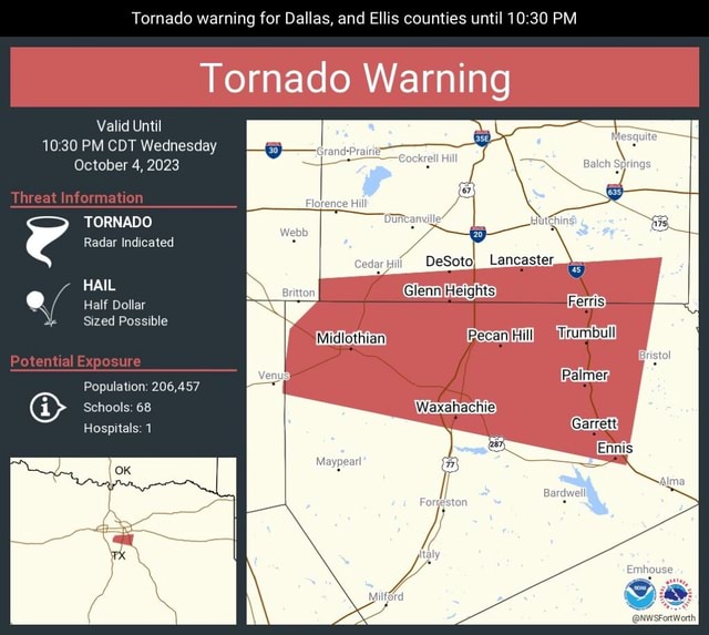 Tornado warning for Dallas, and Ellis counties until PM Tornado Warning ...