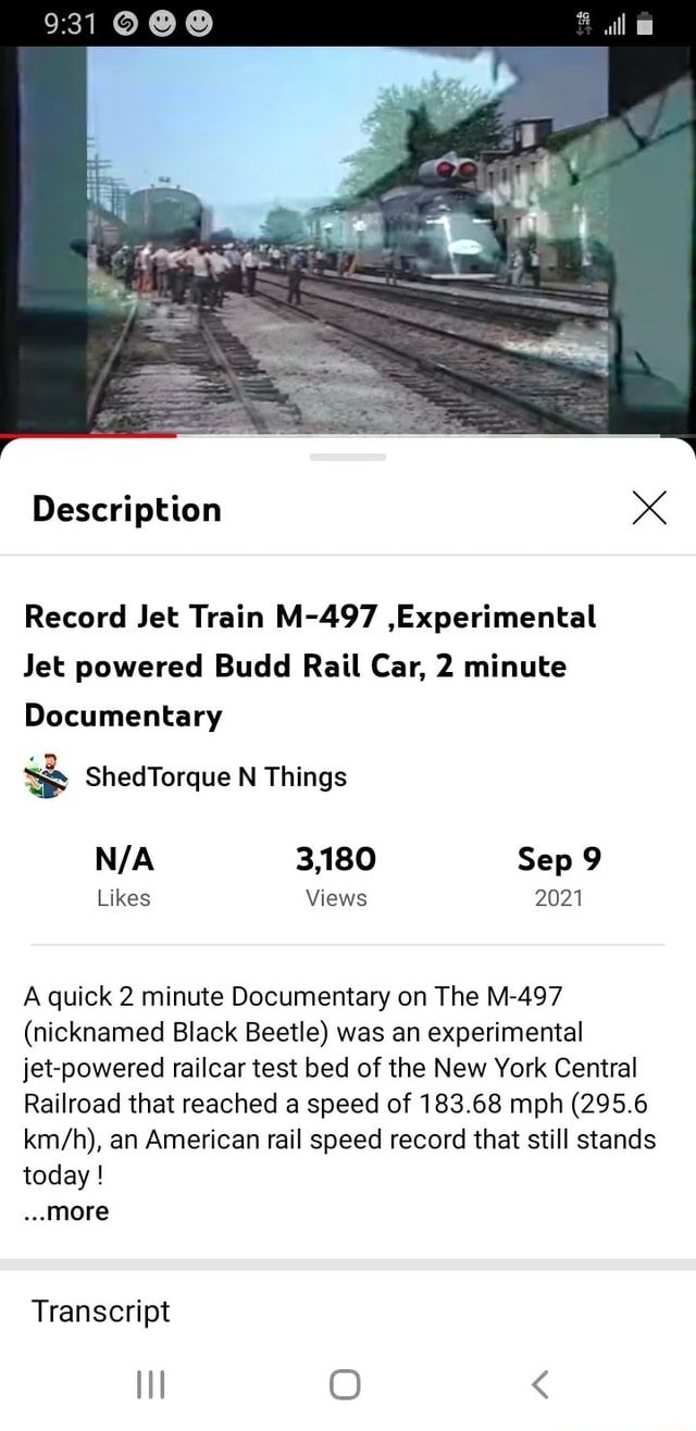 Description x Record Jet Train M-497 ,Experimental Jet powered Budd Rail Car, 2 minute ...