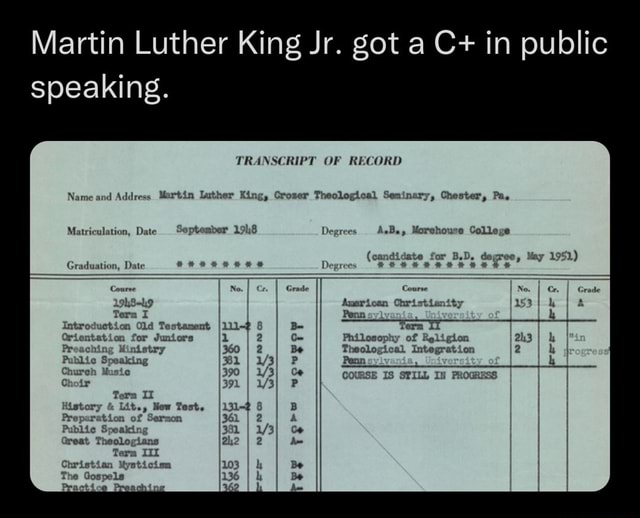 Martin Luther King Jr. got a C+ in public speaking. TRANSCRIPT OF ...