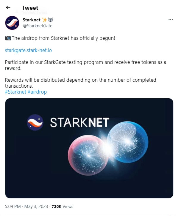 Tweet Starknet StarknetGate he airdrop from Starknet has officially begun! Participate in our ...